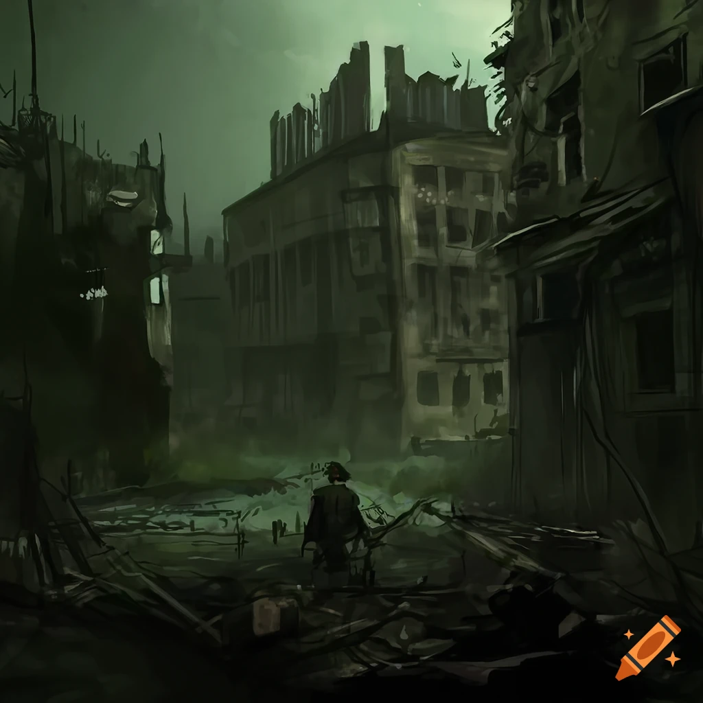 Dark, post-apocalyptic urban landscape with ruined buildings and ...