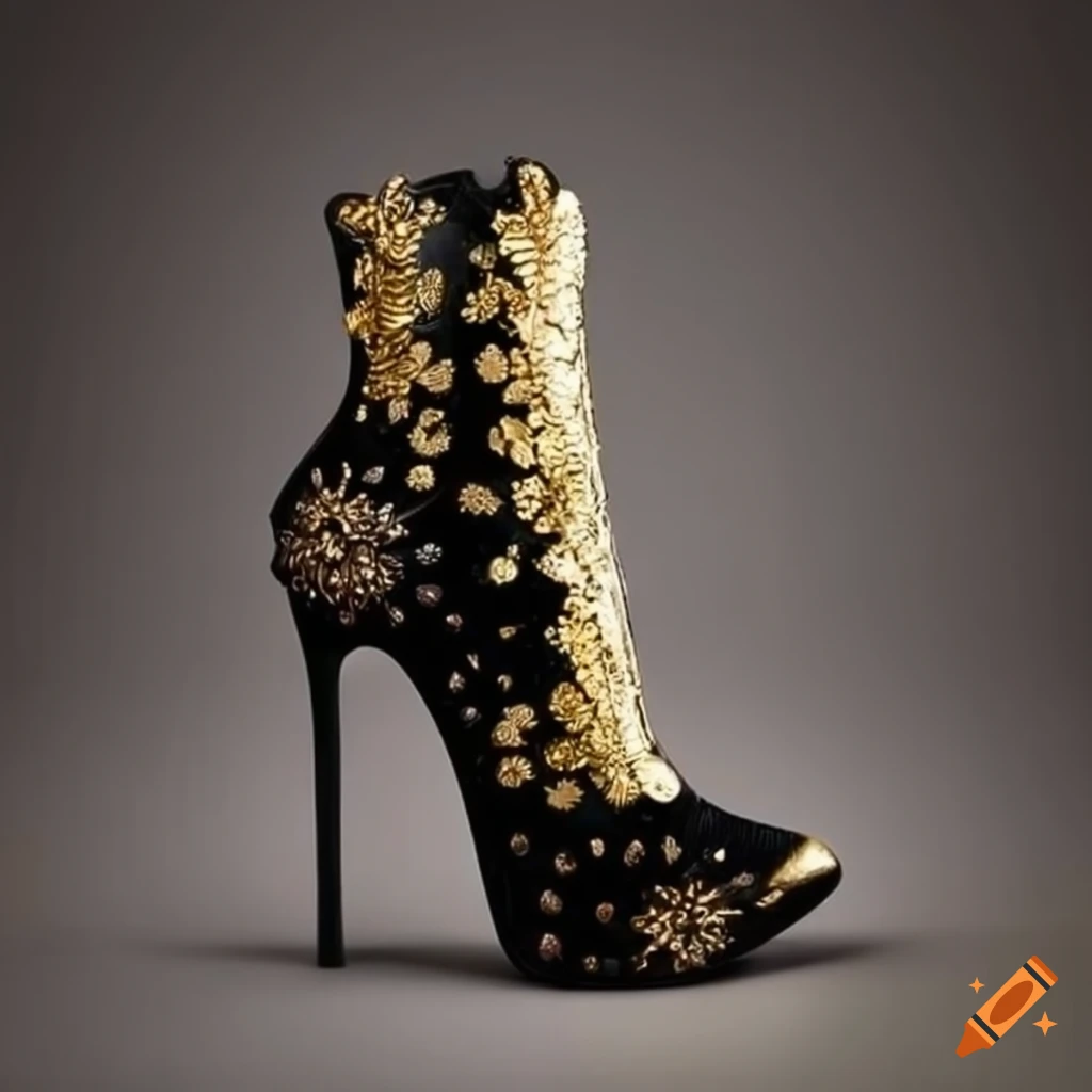 Black high heels with intricate golden flower design on Craiyon