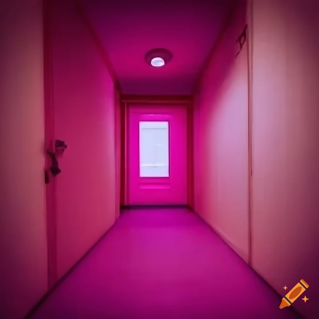 Short pink hallway with a door in an eerie liminal space on Craiyon