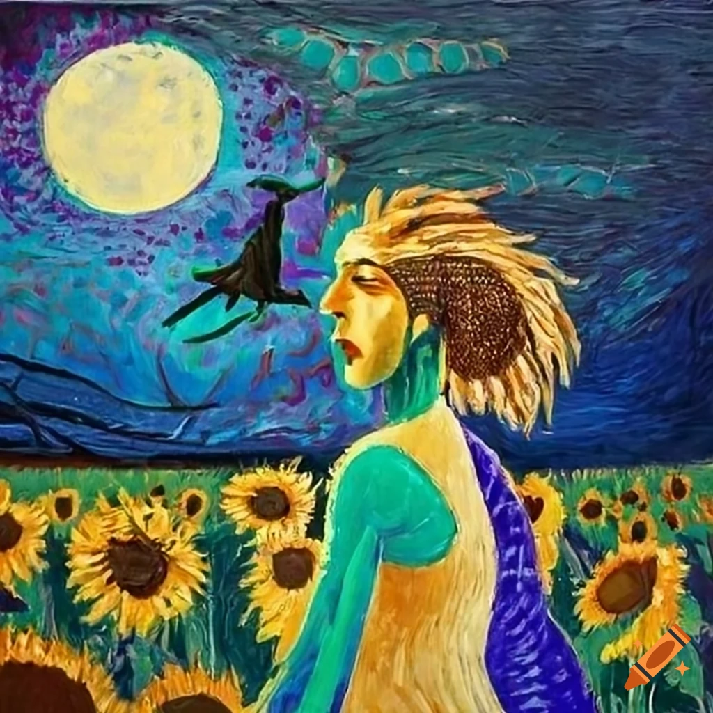 Beautiful witch dancing with aliens in a field of African masks and ...