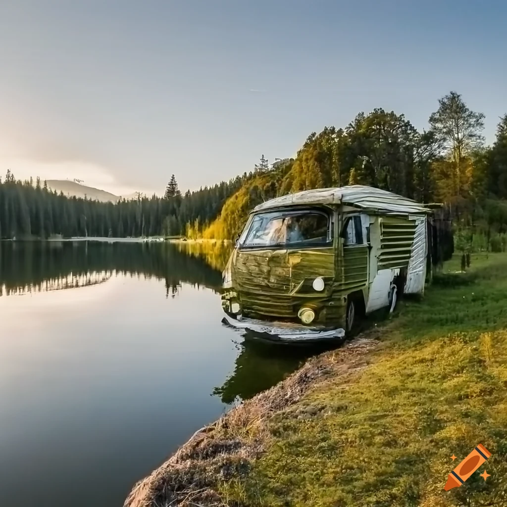 Mossy hobbit camper van by the lake at sunrise with sun reflections on ...