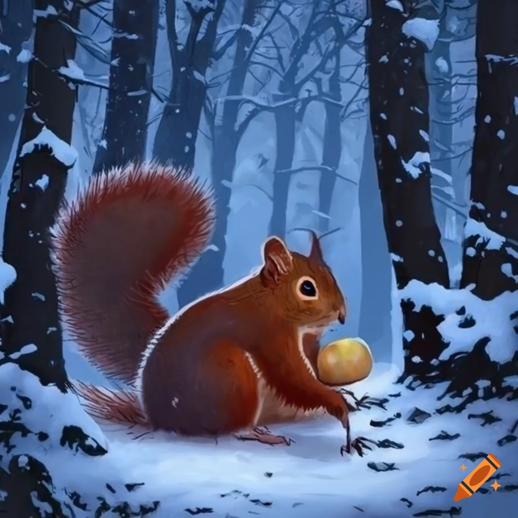 Squirrel burying an acorn in a snowy forest in fantasy art style on Craiyon