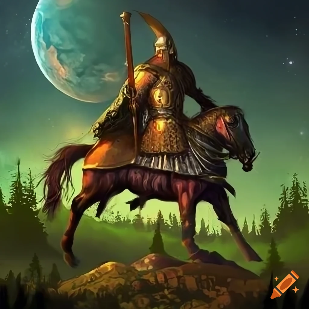 Epic illustration of attila the hun and his warriors in a forest under ...