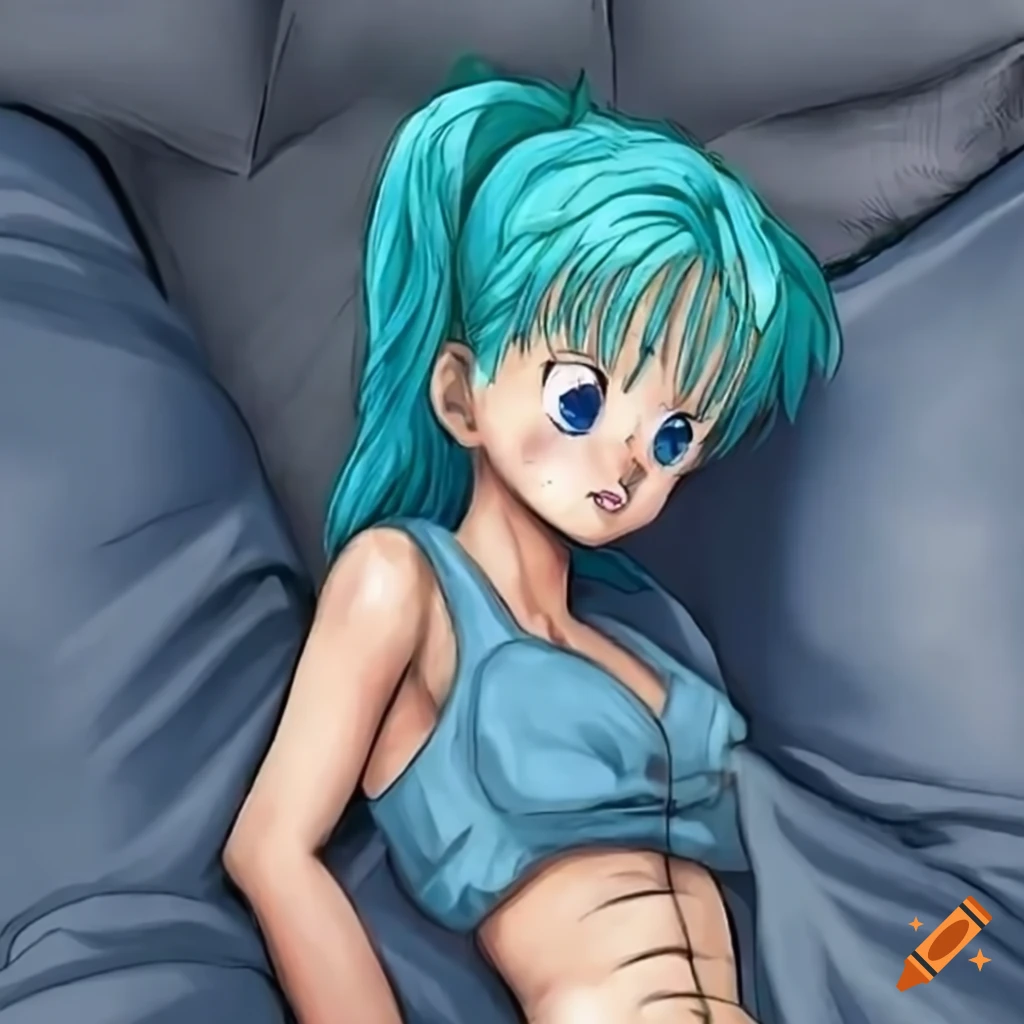 Bulma Briefs With Turquoise Hair In Denim Vest And Blue Jeans On A Bed On Craiyon