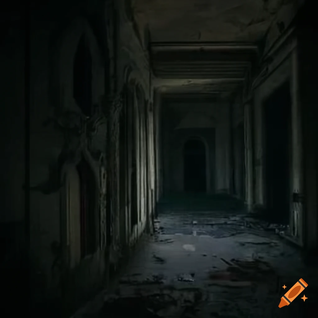 Hallway in an old abandoned mental asylum fading into darkness on Craiyon
