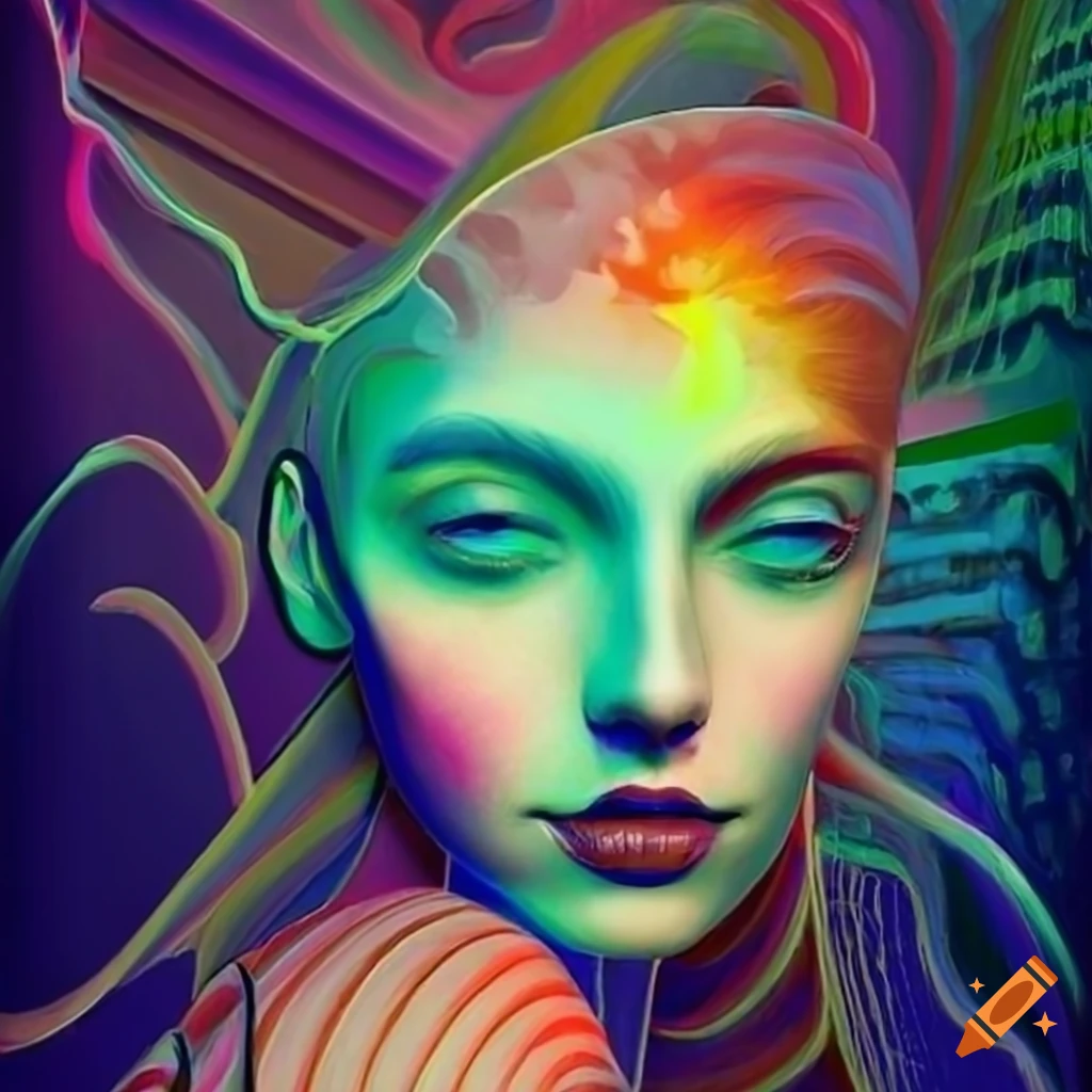 Abstract surrealist face of a woman with flowing hair in a unique ...