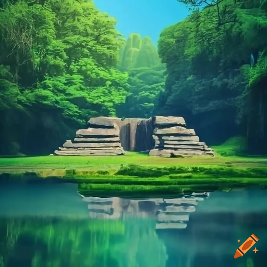 Serene neolithic temple by a tranquil river in lush green scenery on ...