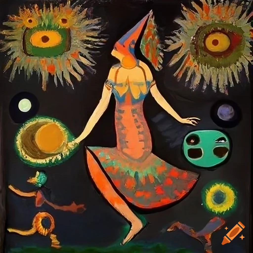 Beautiful witch dancing with moon, aliens, African masks, and ...