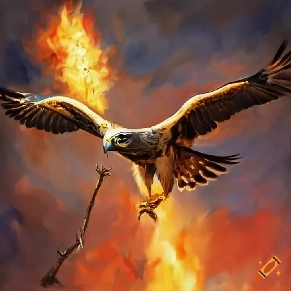 Australian hawk flying with a stick in flames from a bottom view on Craiyon