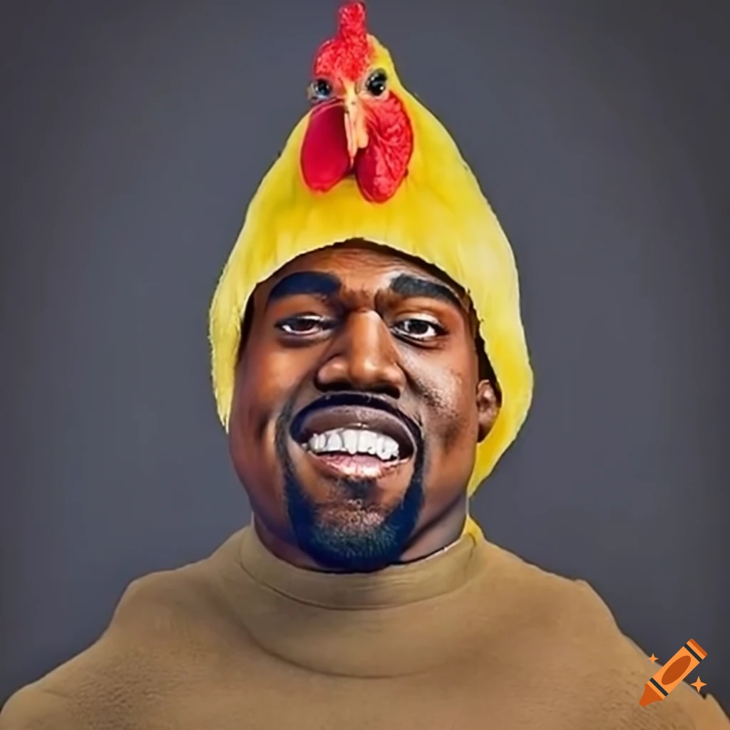 Happy kanye west in a chicken costume on Craiyon