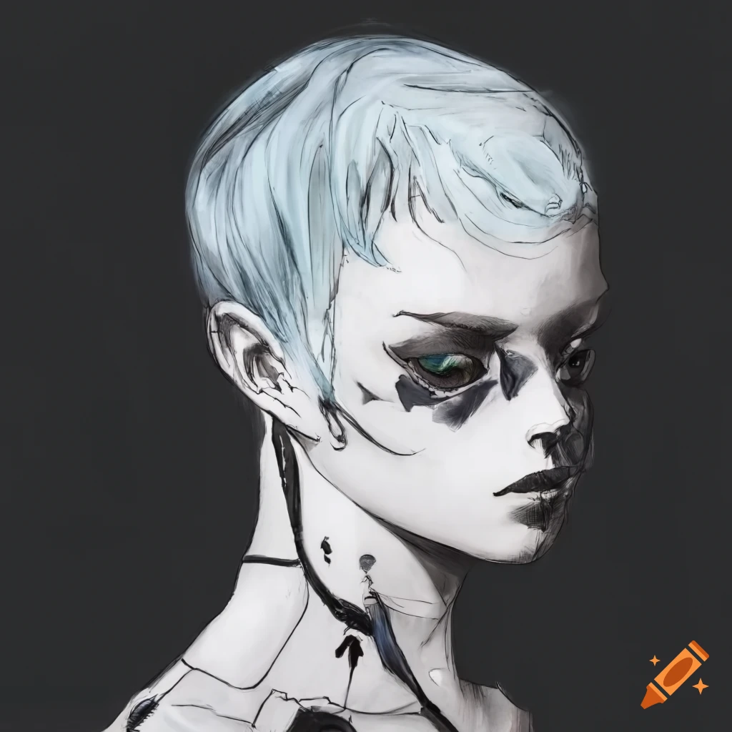 Modern cyborg in high-tech bodysuit with light cyan hair in black ink ...