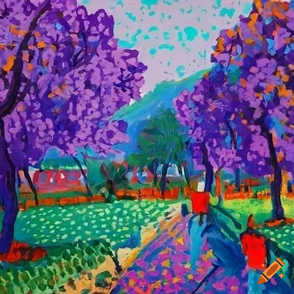 Pointillism painting of a couple in a garden with jacaranda trees on ...