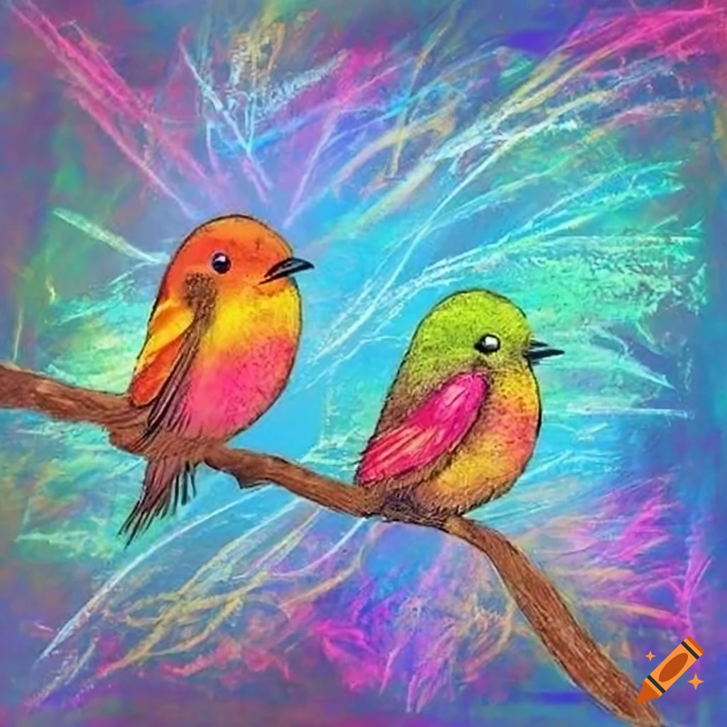 Colorful chalk drawing of two cute birds on a branch with mountains and ...