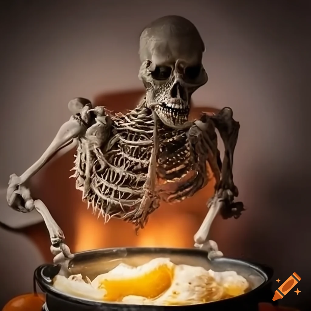 Hairy skeleton cooking stew in a cozy pot on Craiyon