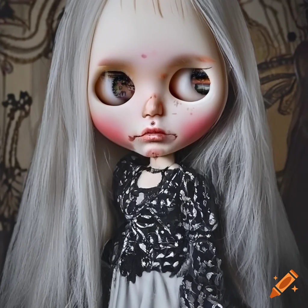 Blythe doll with pale skin, white hair, and brown eyes in a romantic ...