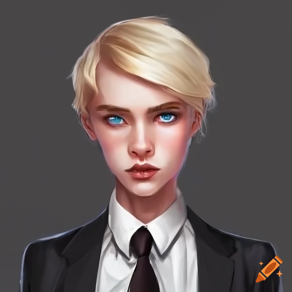 Androgynous Character With Short Blonde Hair And Piercing Blue Eyes In