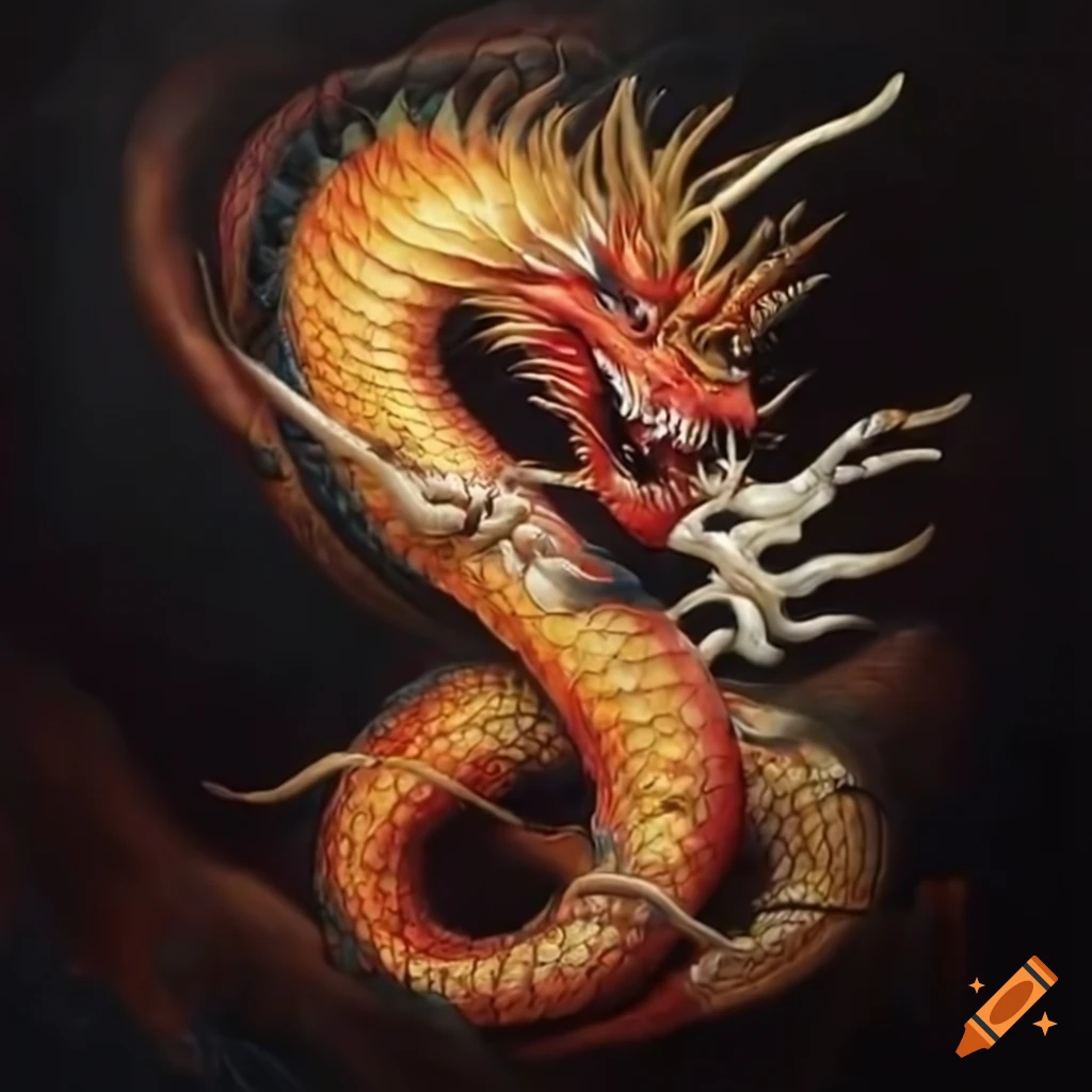 Japanese dragon clawing out of intricate wound design on Craiyon
