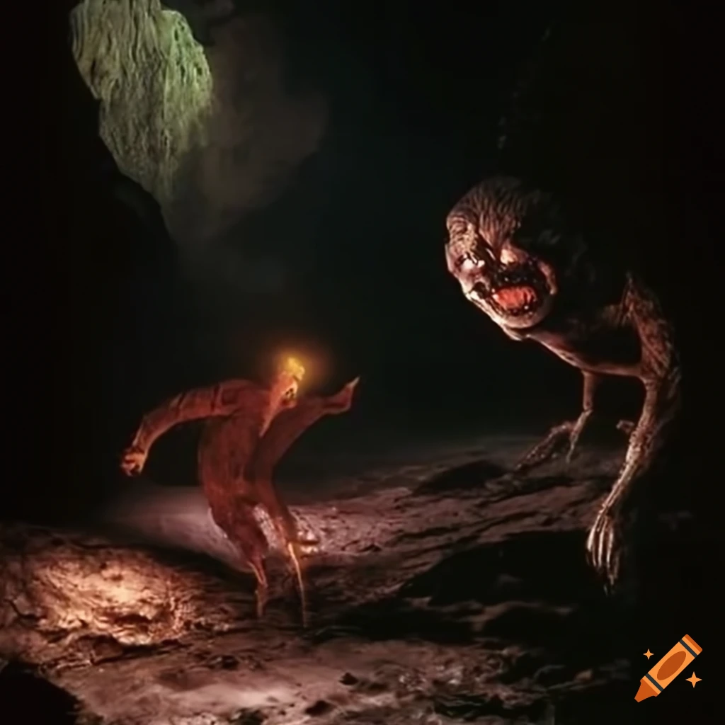 Spelunkers confronting a gigantic amoeba-monster in a dark cave on Craiyon
