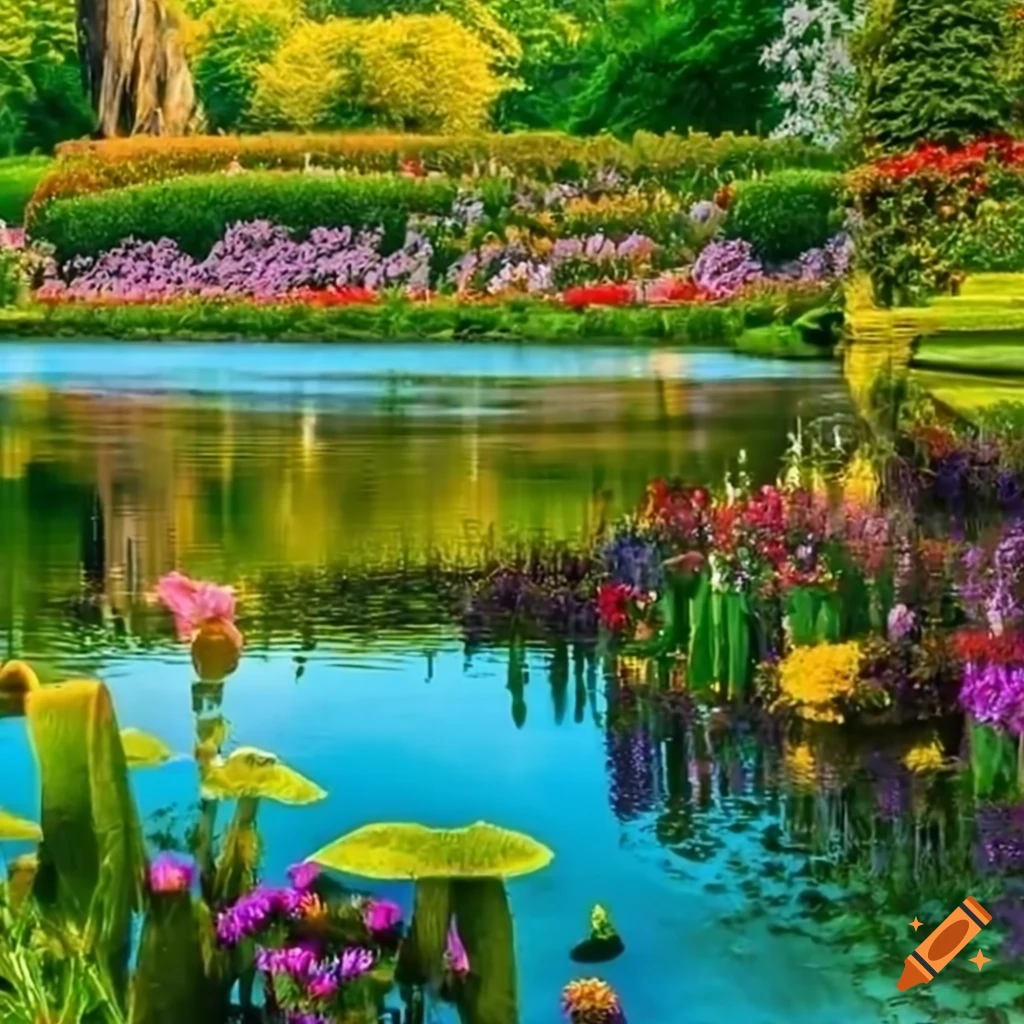 Family walking by lakeside in a vibrant garden with blooming flowers on ...