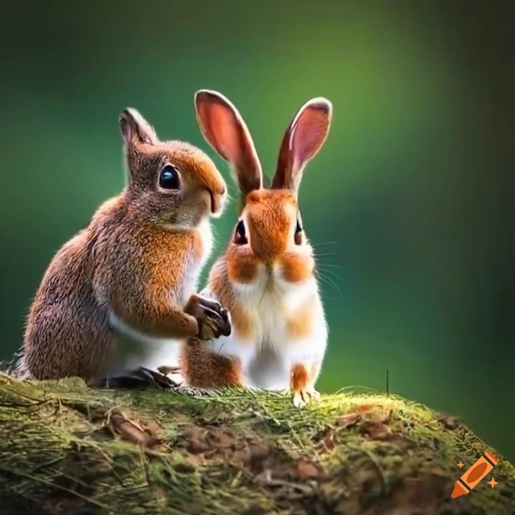 Excited rabbit and squirrel looking at each other on Craiyon