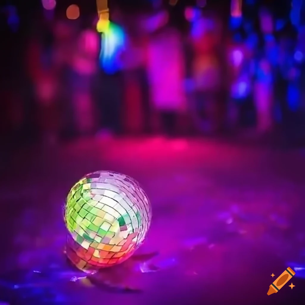 Colorful smashed disco ball on dancefloor on Craiyon