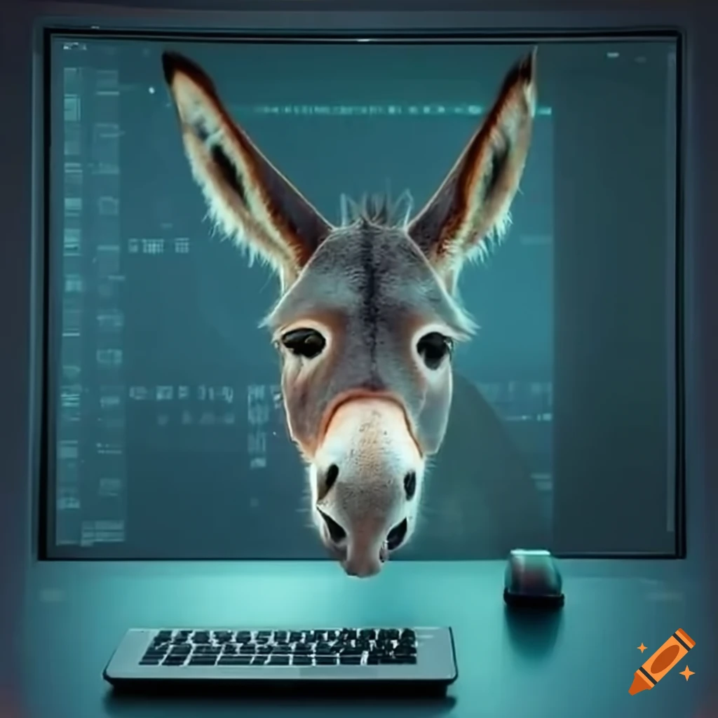 Futuristic classroom with a donkey appearing in a monitor screen on Craiyon