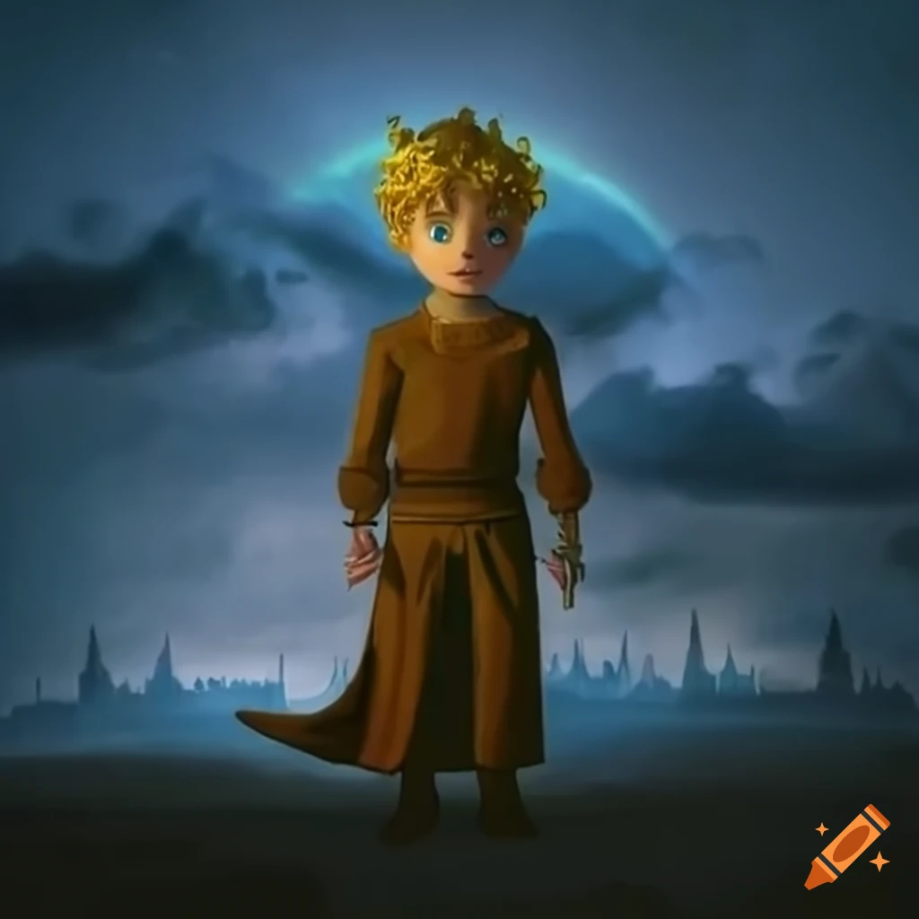 Little prince standing in front of a castle on Craiyon