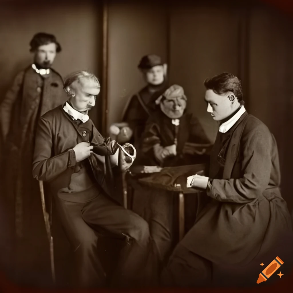 Victorian-era detectives investigating a crime scene with magnifying ...