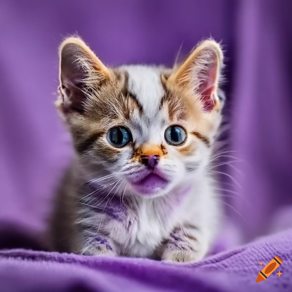 Cute purple kitten on purple blankets in natural lighting on Craiyon