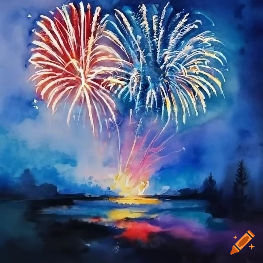 Fireworks lighting up the bright daytime sky in a landscape painting on ...