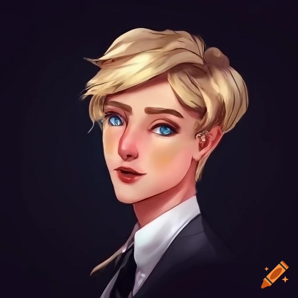 Androgynous Character With Short Blonde Hair And Piercing Blue Eyes In
