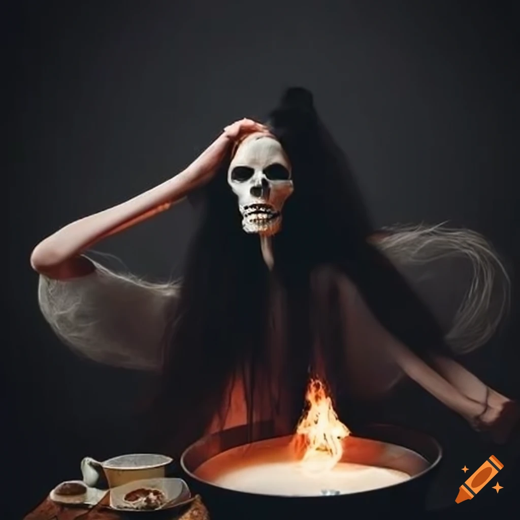 Skeleton with long hair making soup on Craiyon