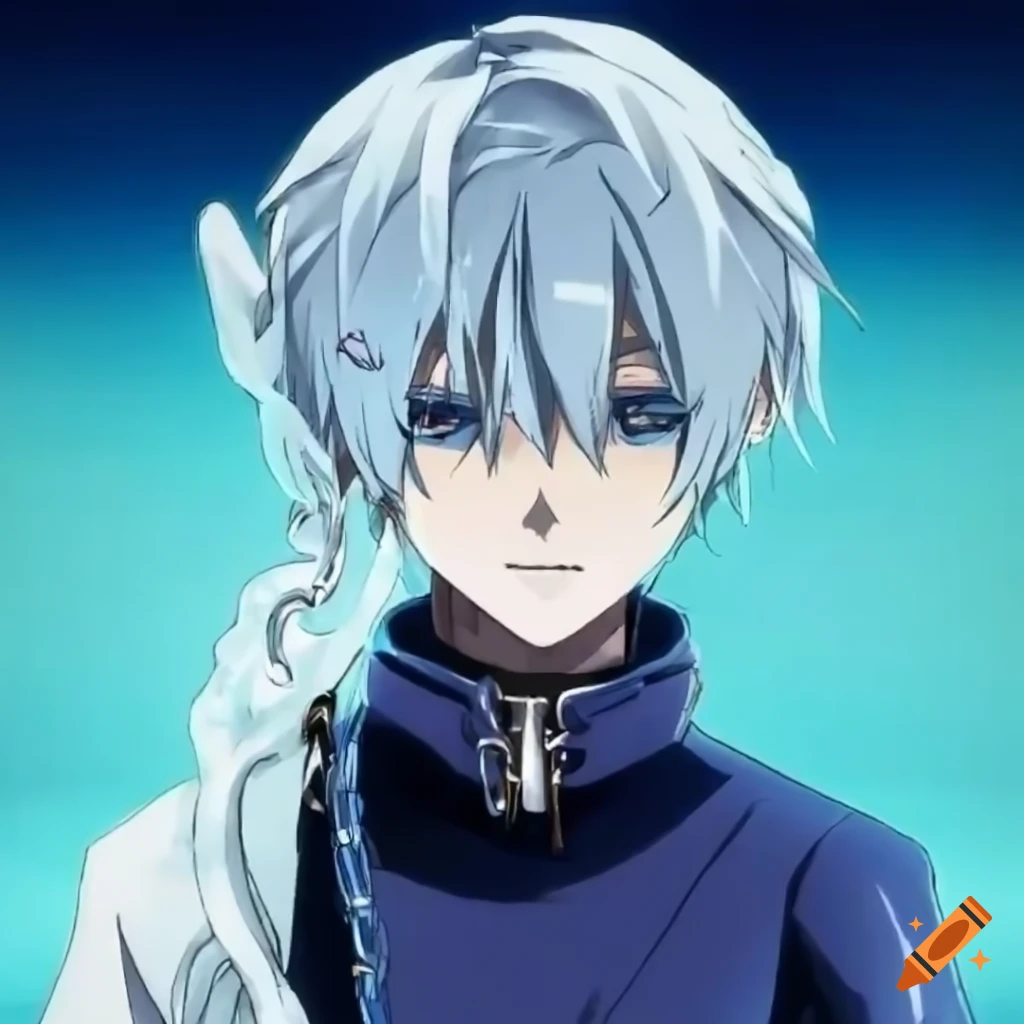 Anime ghost boy with white hair, white eyes, and pale blue skin in ...