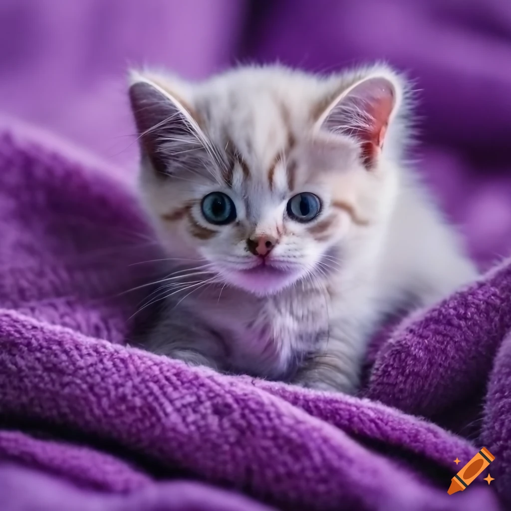 Cute purple kitten on purple blankets in natural lighting on Craiyon