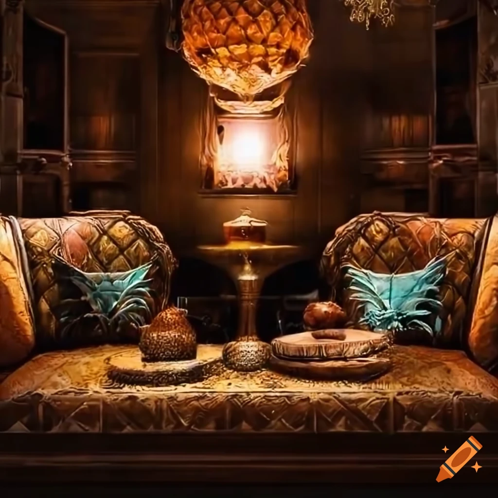 Luxurious cigar lounge with vintage decor and pineapple accents on Craiyon
