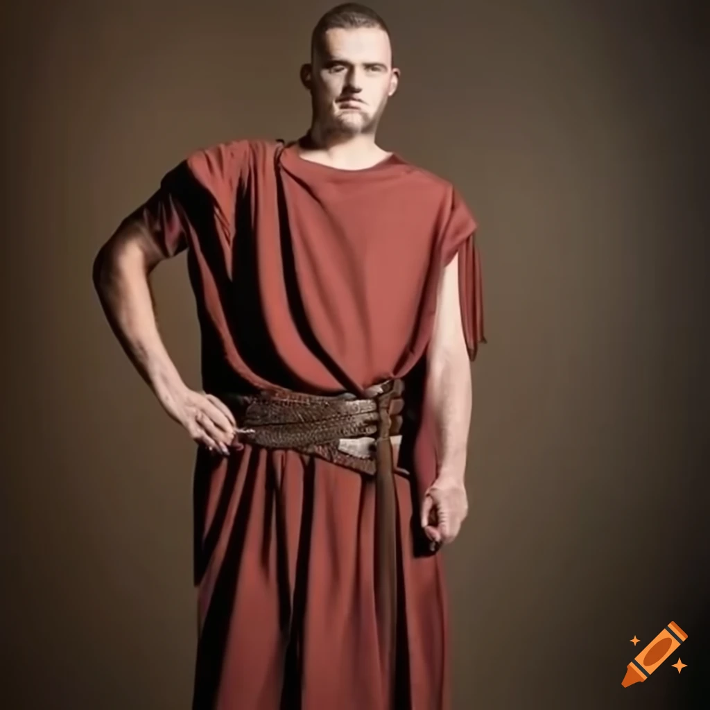 Man in ancient Roman tunic showcasing outfit with rope belt on Craiyon