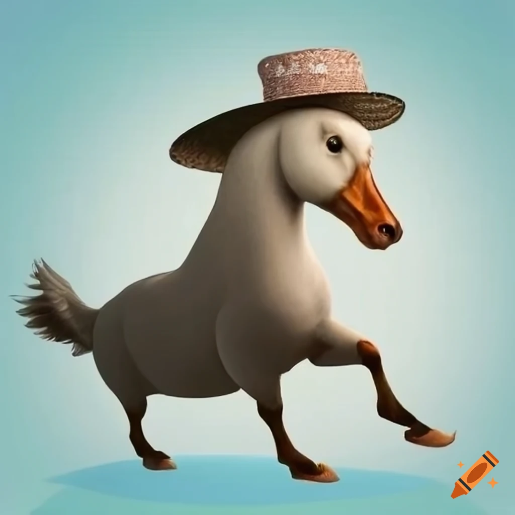 Goose with a hat riding a galloping horse in a unique setting on Craiyon