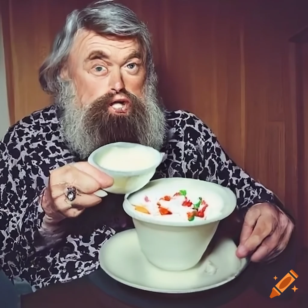 Brian Blessed surrounded by yogurt tubs and eating yogurt with a large ...