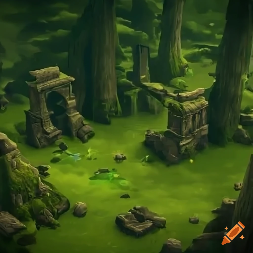 Fantasy rpg game forest ruins with moss-covered stone formations and flowing water on Craiyon