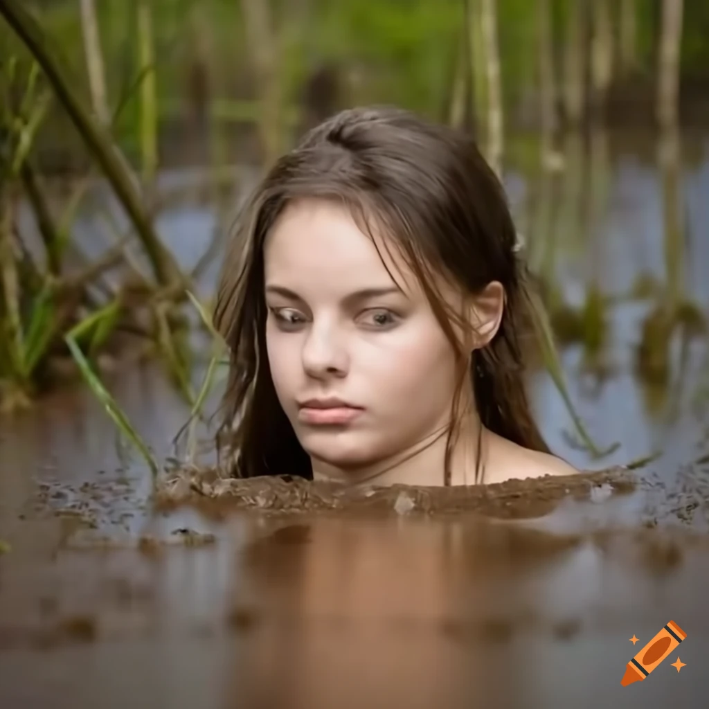Beautiful woman sinking in a deep swamp bog on Craiyon