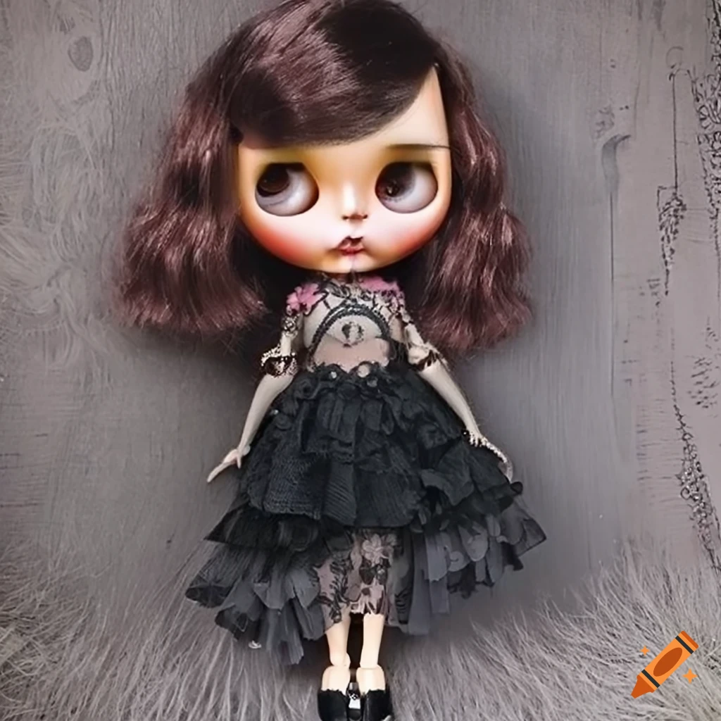 Blythe doll with whimsical goth features in light skin tone, dark brown ...