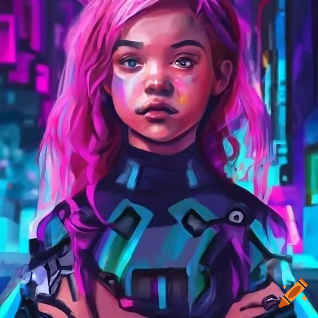 Impressionist-style portrait of a cyberpunk tween girl marvel character ...