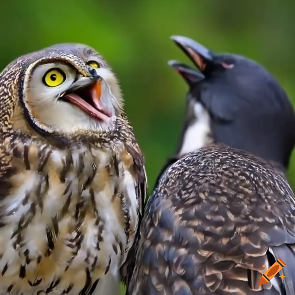 Owl, penguin, and crow standing together laughing on Craiyon
