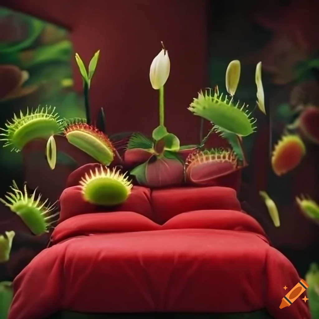 Cozy red bed surrounded by peace lilies and Venus flytraps on Craiyon