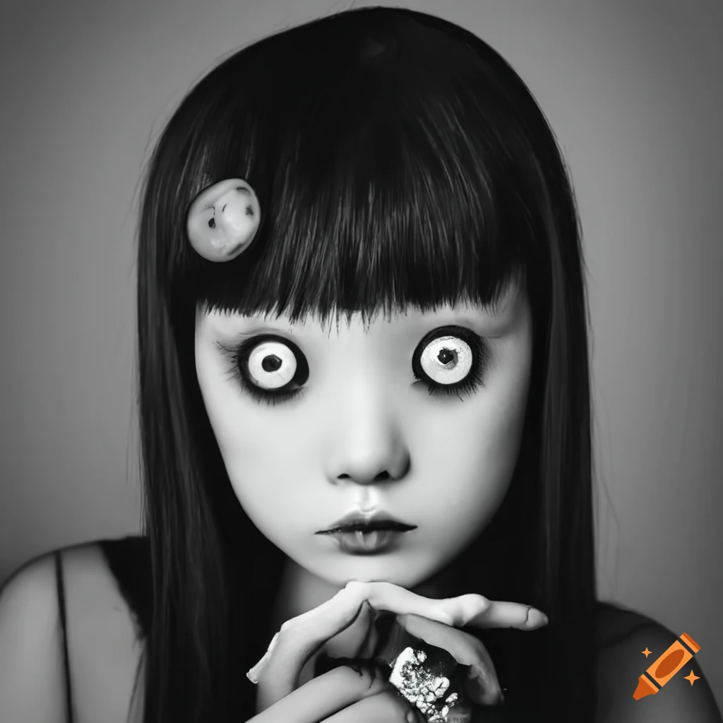Creepy Tomie with buttons for eyes on black background on Craiyon