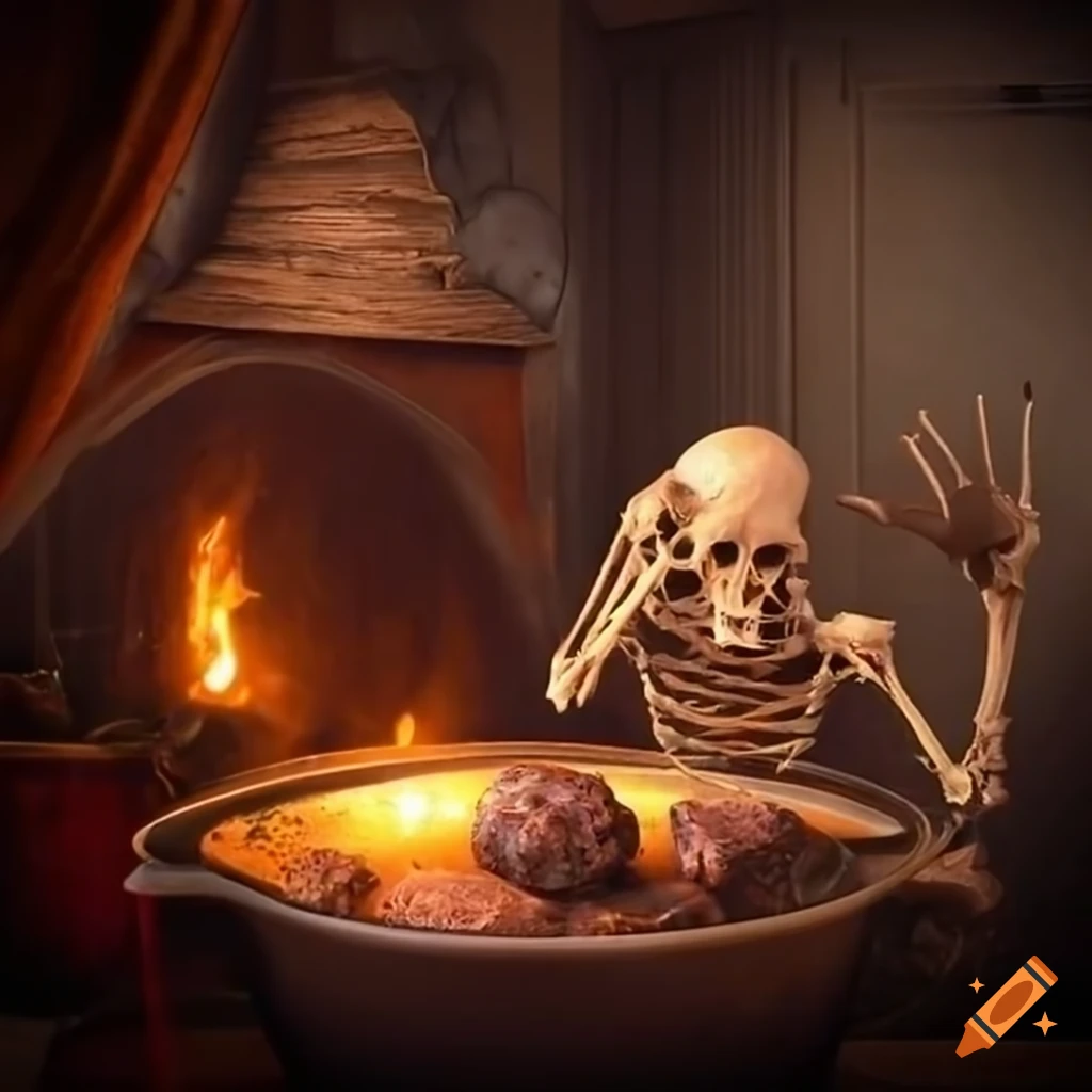 Hairy skeleton cooking stew in a cozy pot on Craiyon