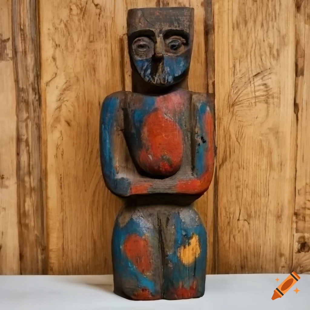 Rustic wooden idol painted in Pollock style with weathered look on Craiyon