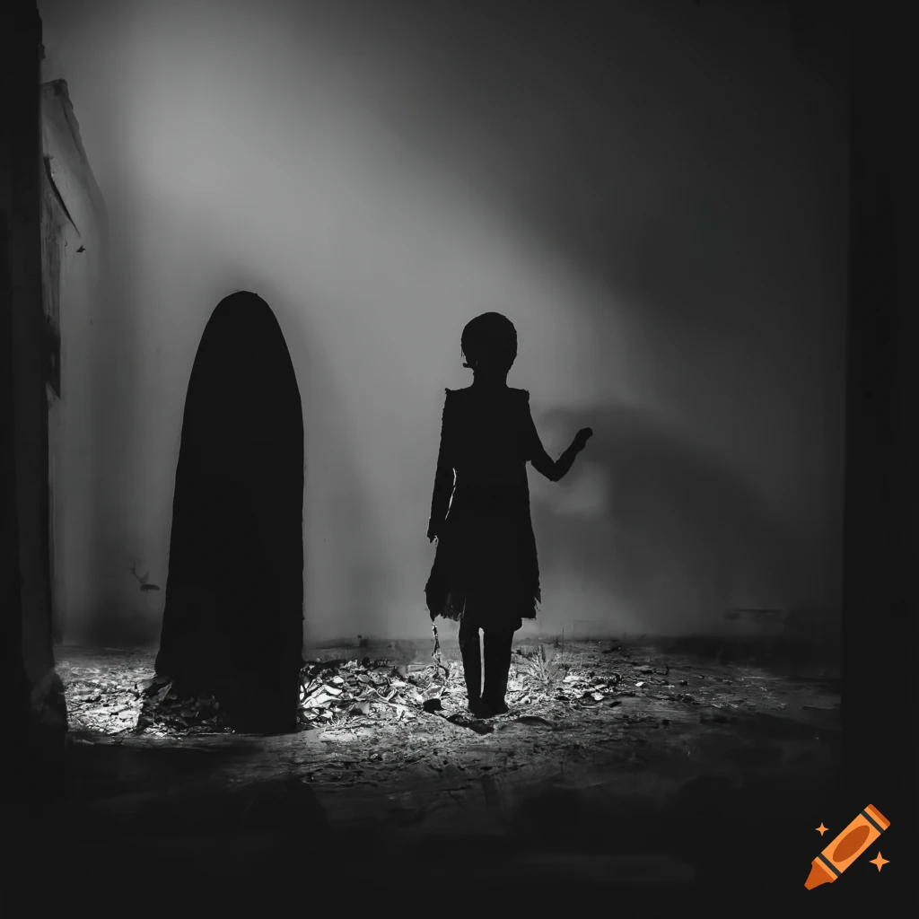 Ghostly silhouettes moving inside an old abandoned house with shadows ...