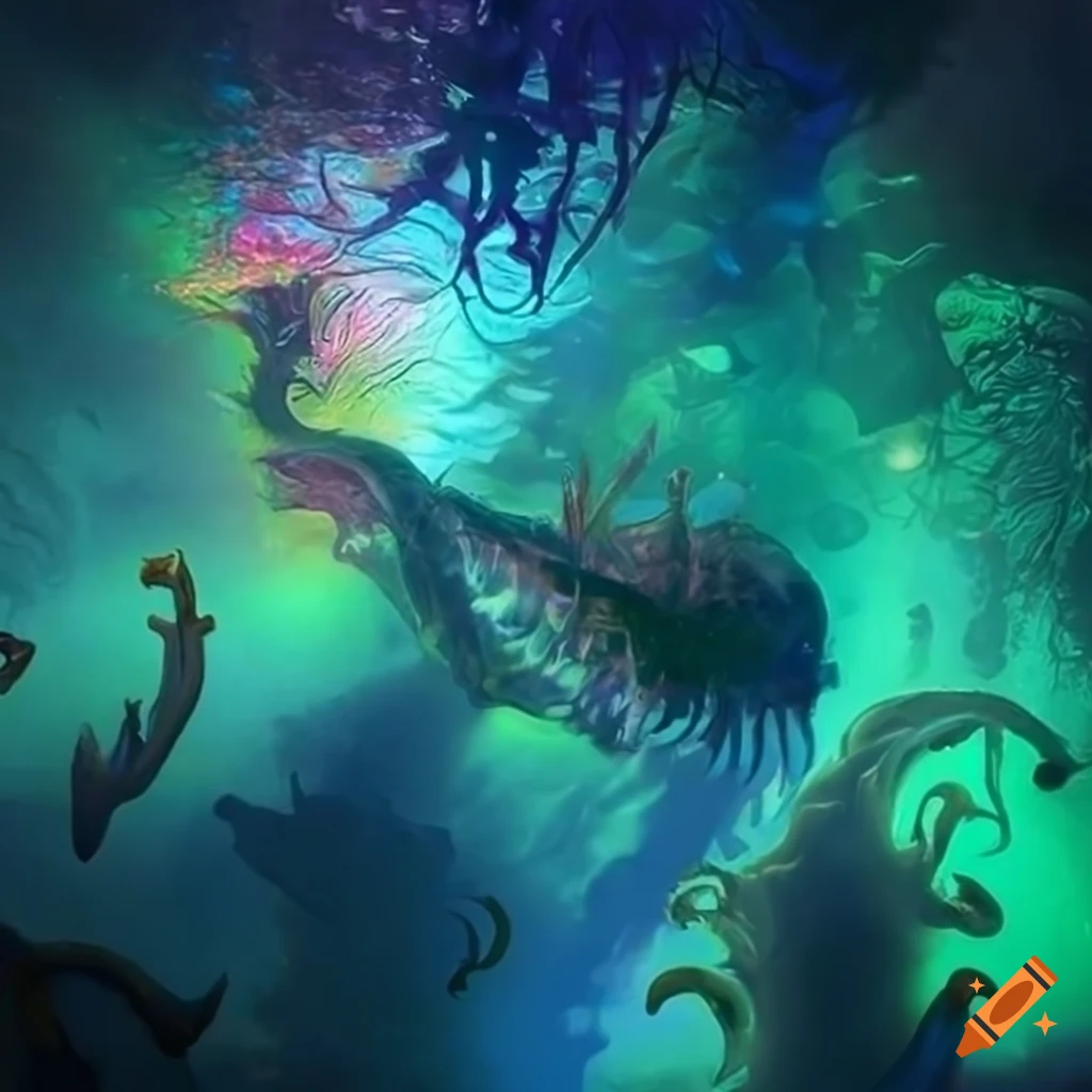 Psychedelic ethereal luminous leviathan in a mystical underwater realm ...