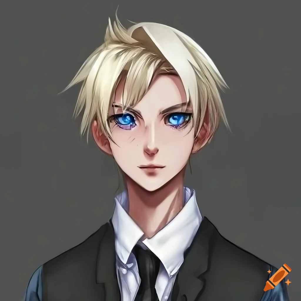 Androgynous character with short blonde hair and piercing blue eyes in ...